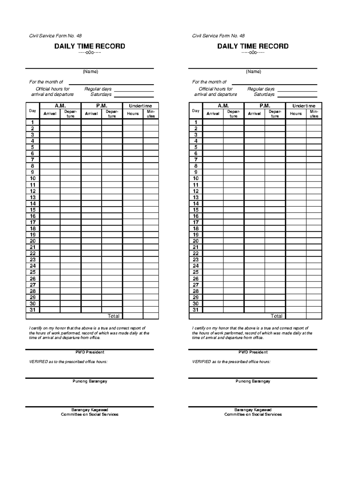 Civil Service Form No. 48: Daily Time Record Template - Studocu