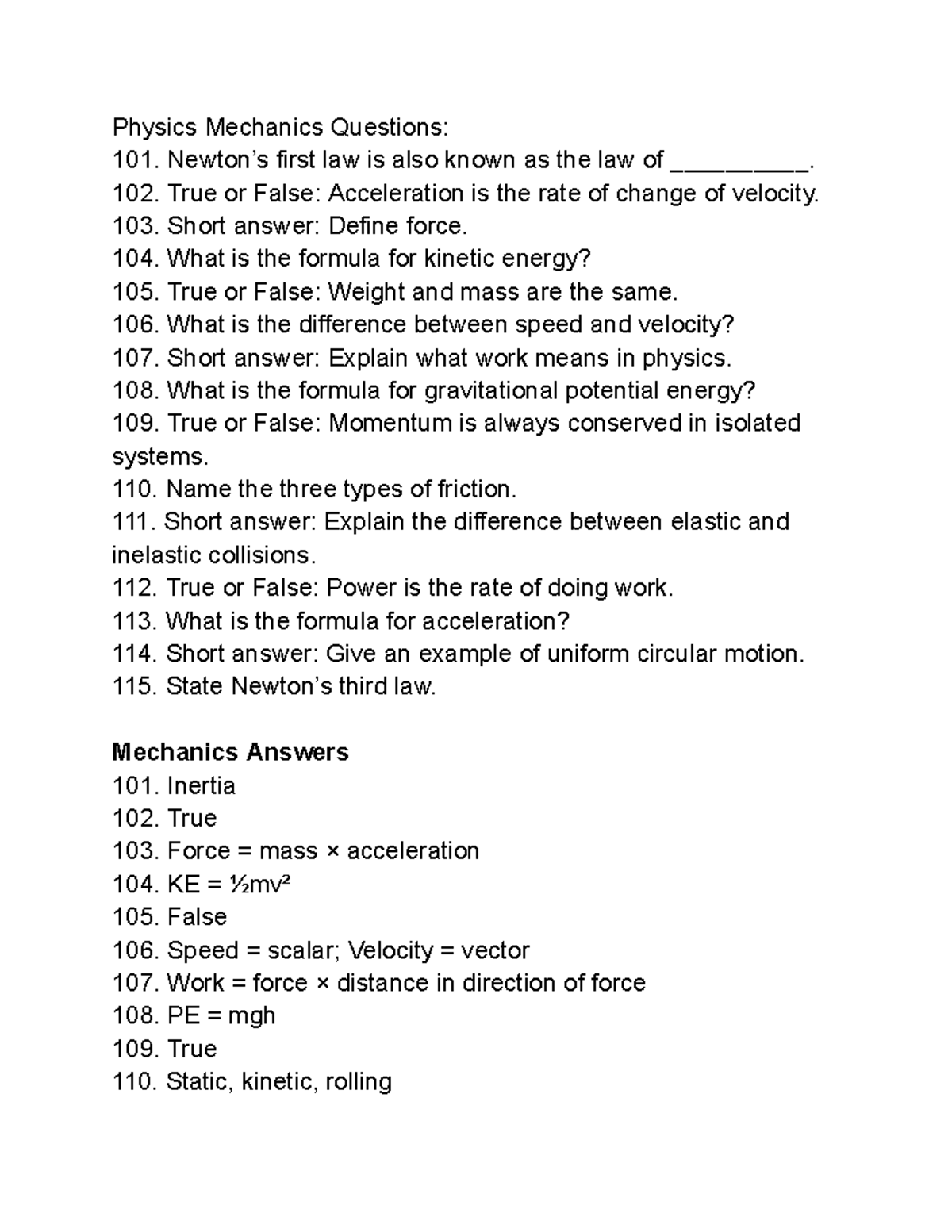 Physics Mechanics Questions & Answers: Key Concepts Explained - Studocu