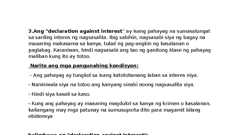 Exception sa Hearsay Rule: Mga Pahayag at Ebidensya - Studocu