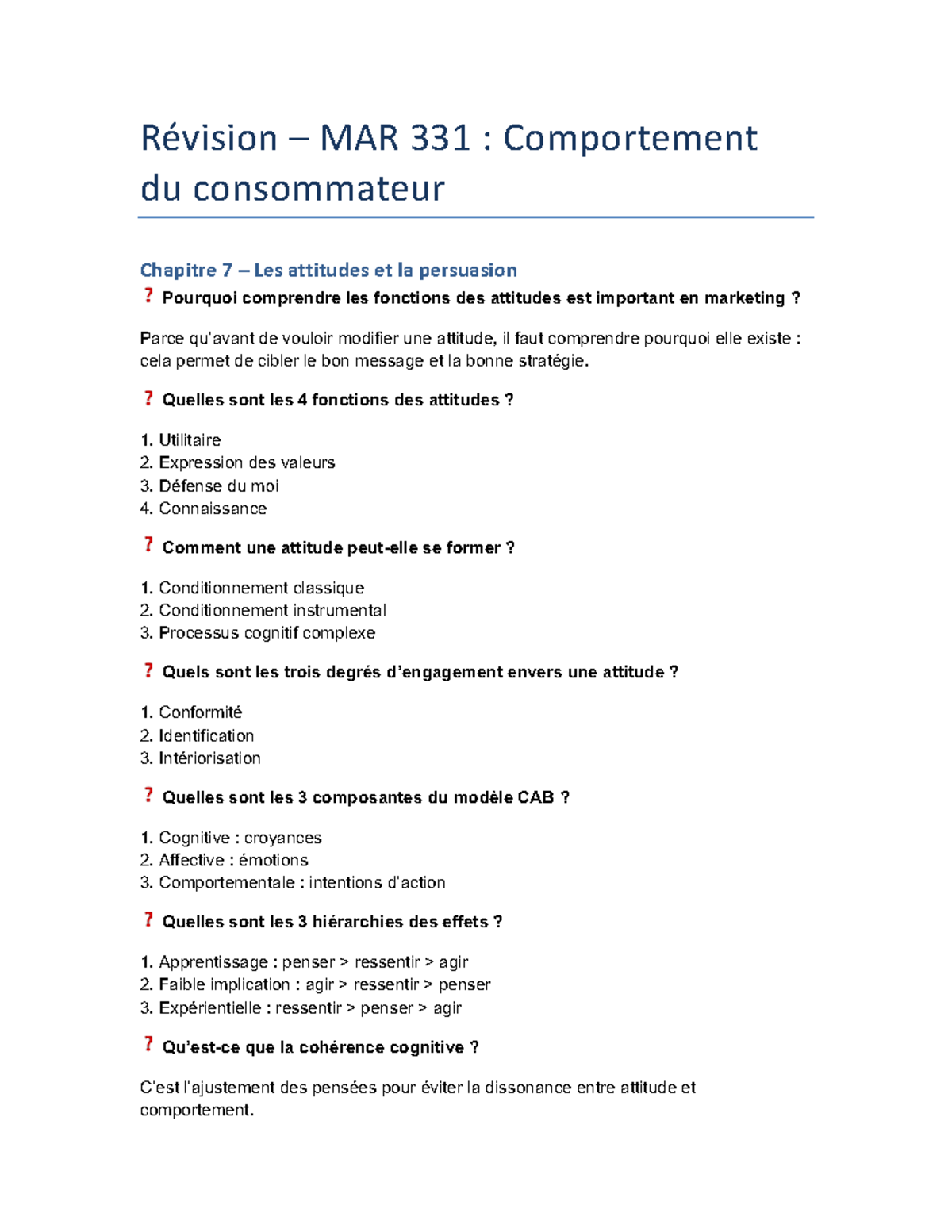 Révision MAR 331 : Comportement du consommateur - Chapitres 7, 9, 12 ...