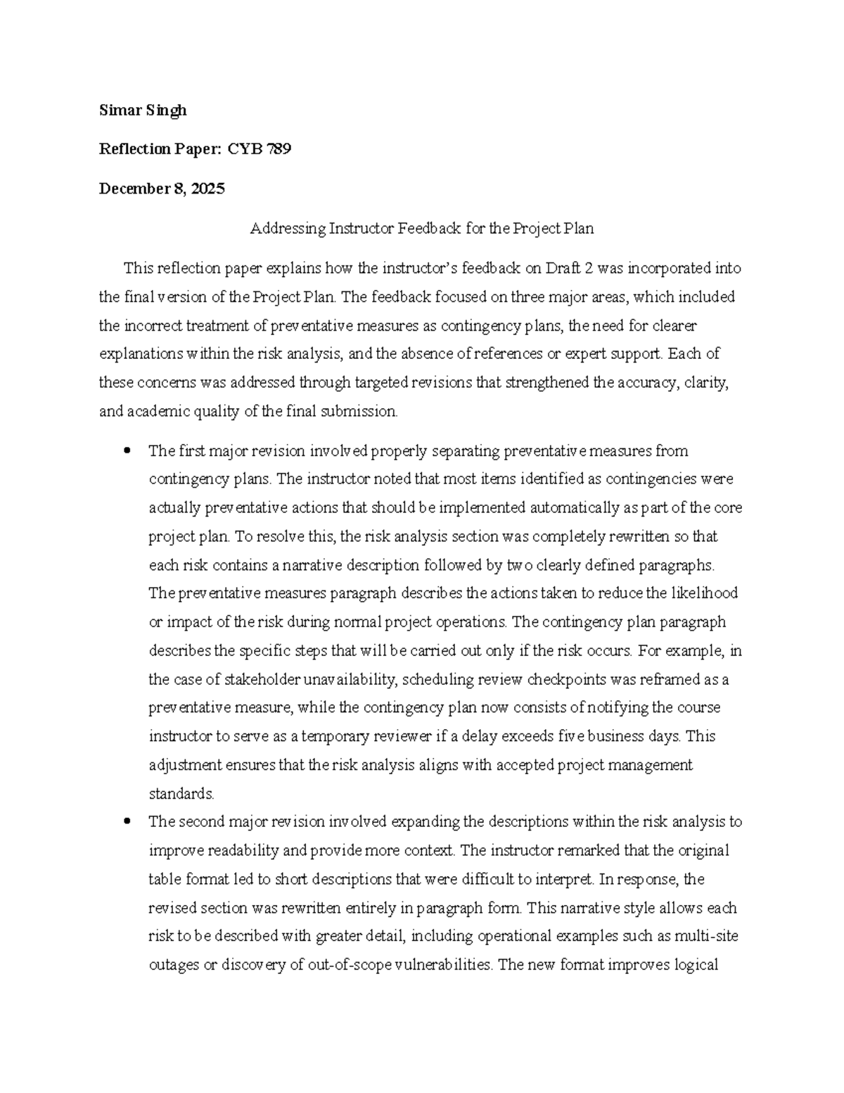 Reflection Paper: CYB 789 - Addressing Instructor Feedback on Project ...