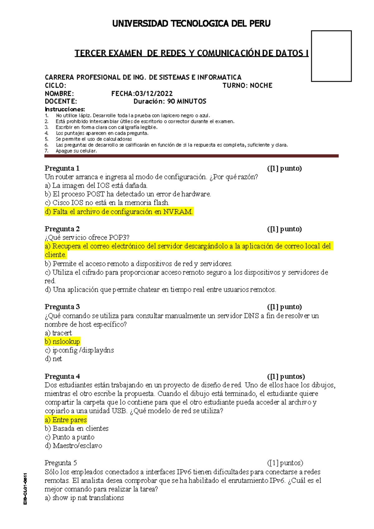 Redes Y Comunicaciones I Tercer Examen 2022 - UNIVERSIDAD TECNOLOGICA DEL PERU TERCER EXAMEN DE ...