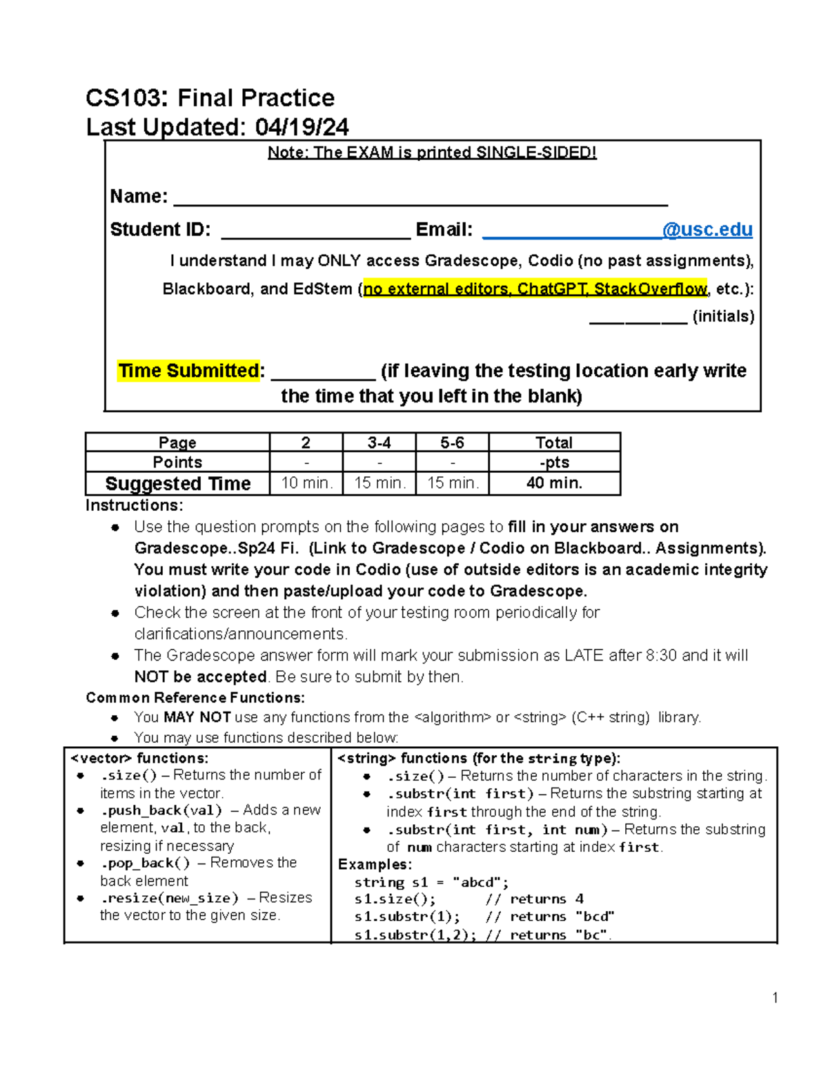 CS103 Final Practice Exam: Code Prototypes and CSV Parsing - Studocu