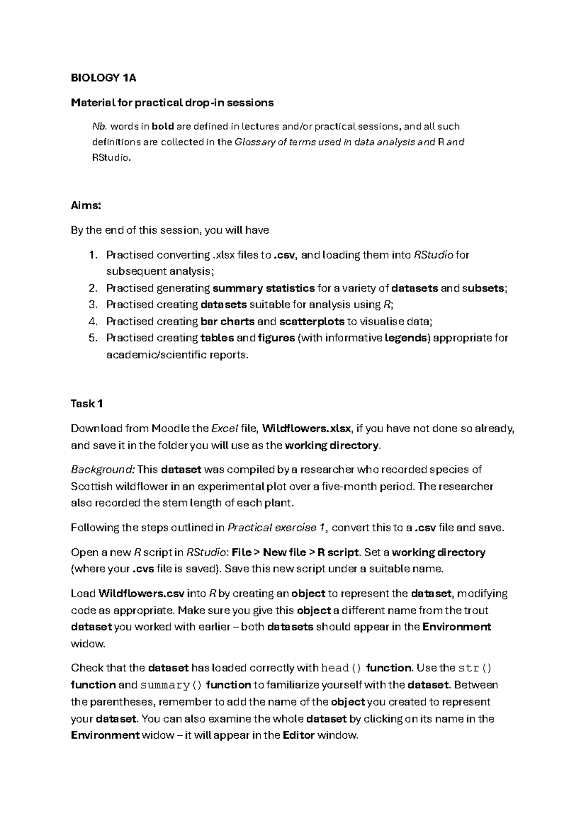 BIOLOGY 1A Practical Session: RStudio Data Analysis Exercises - Studocu