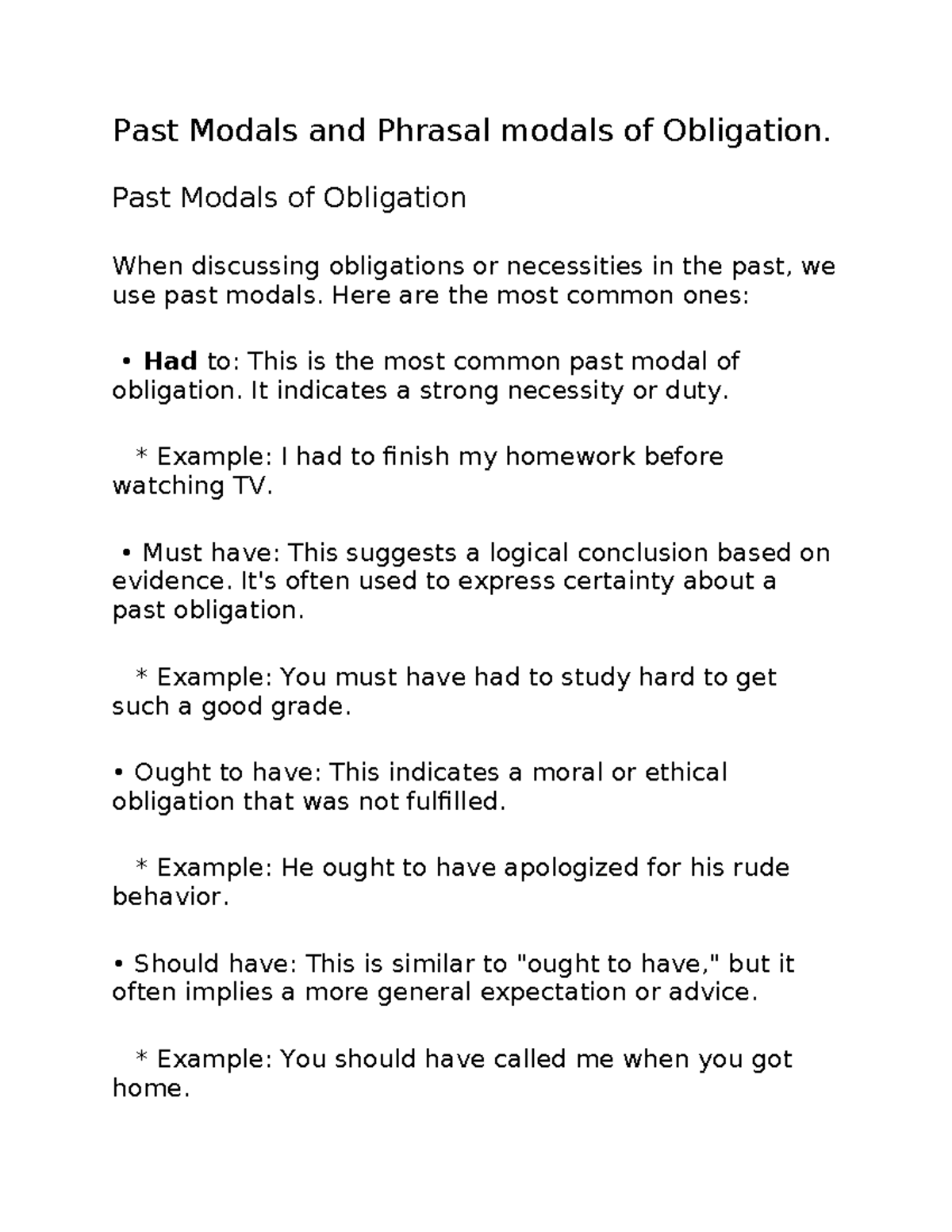 Past Modals of Obligation: Key Concepts and Examples - Studocu