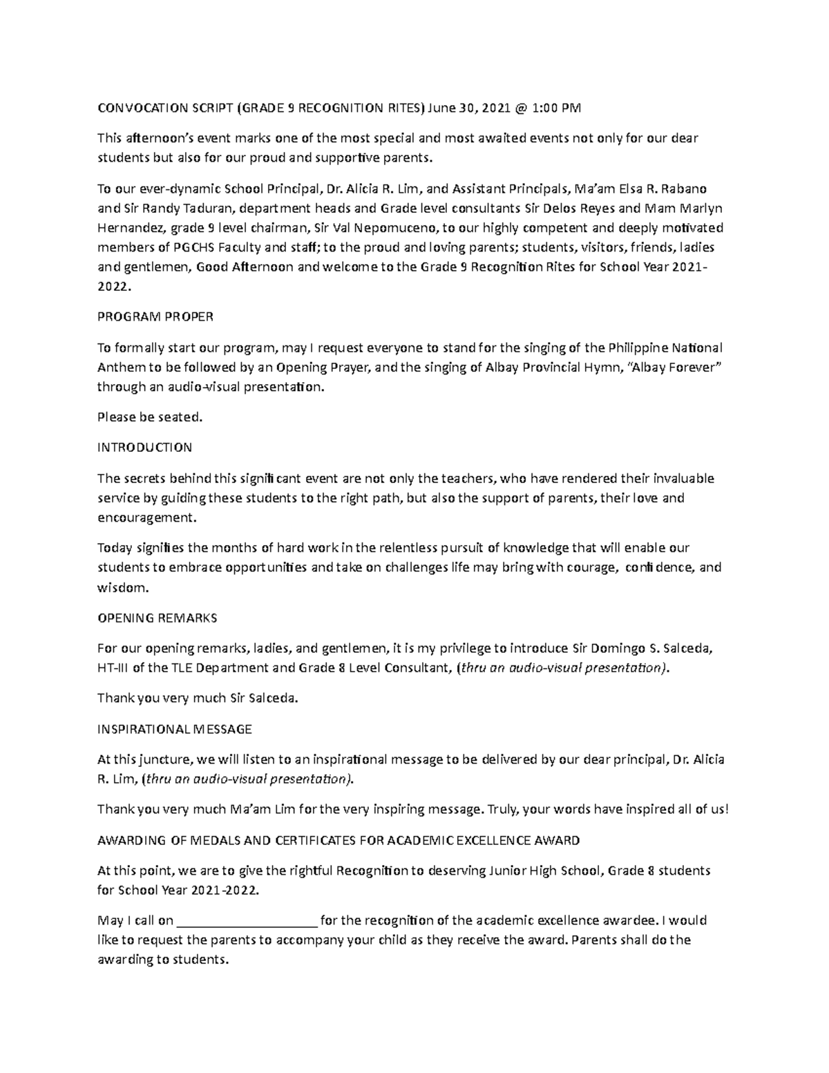 Script of the MC Recognition Program - CONVOCATION SCRIPT (GRADE 9 ...