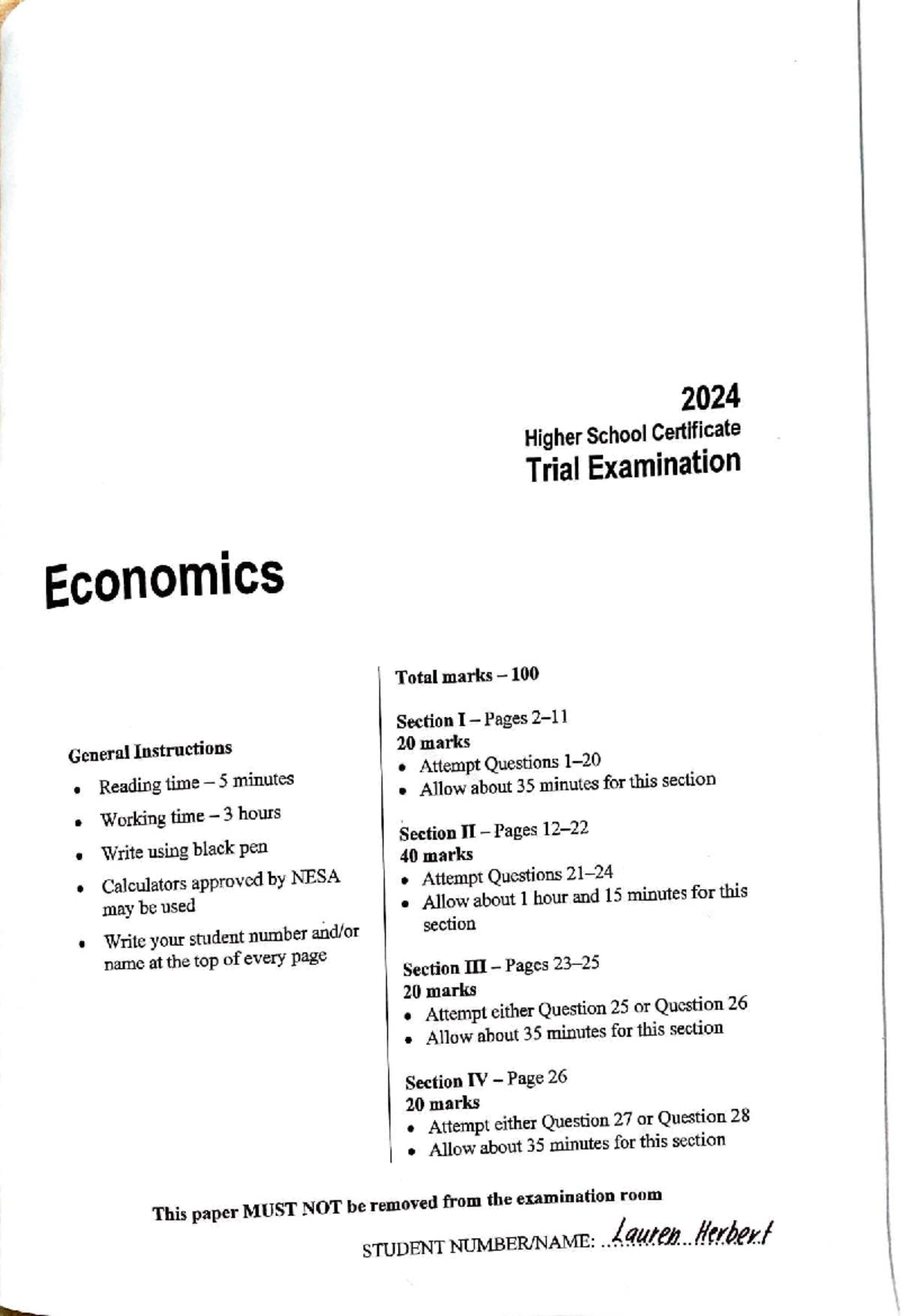 Economics HSC Trial Exam Paper - Instructions and Format Guide - Studocu