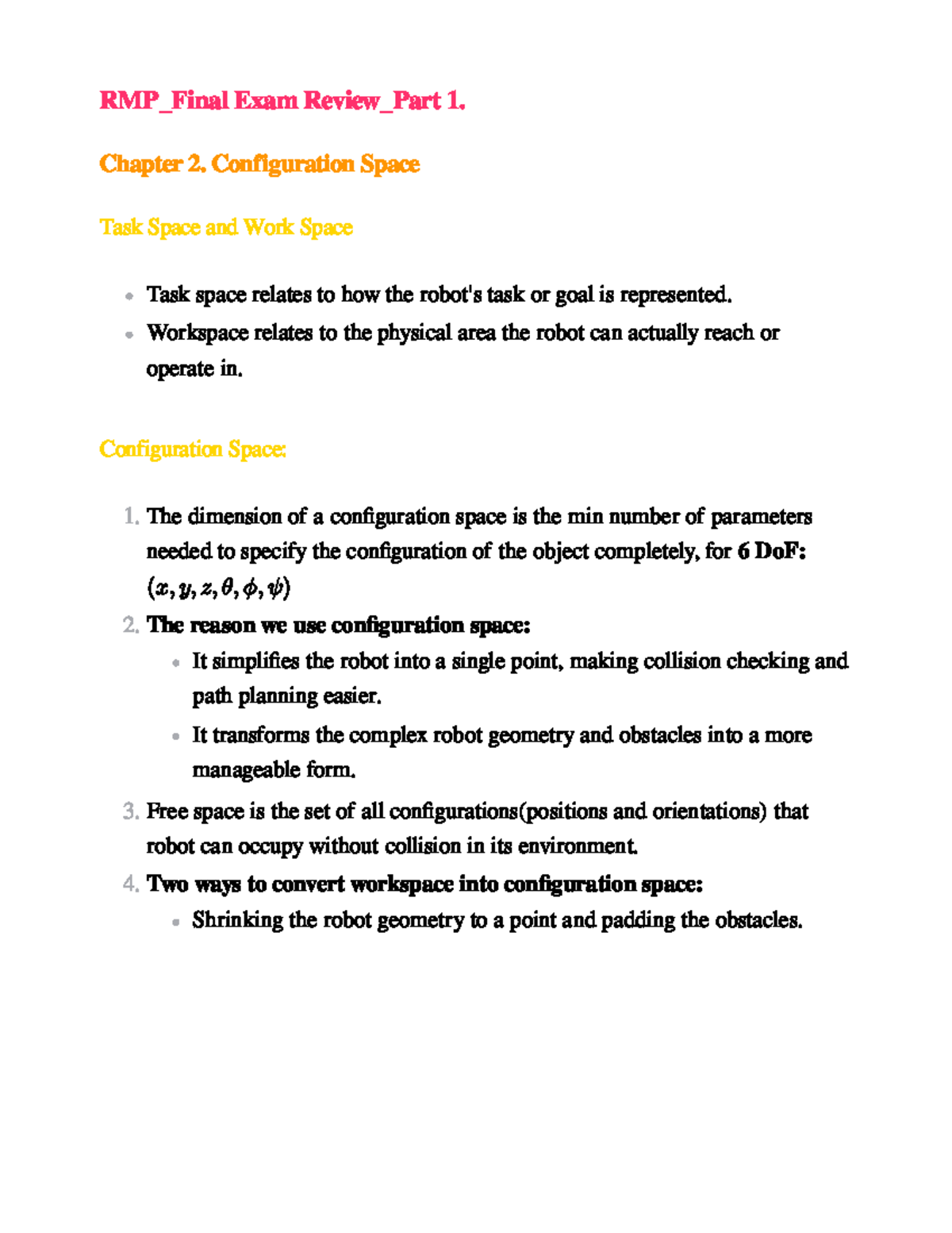 RMP Final Exam Review Part 1 - Chapter 2. Configuration Space Task ...