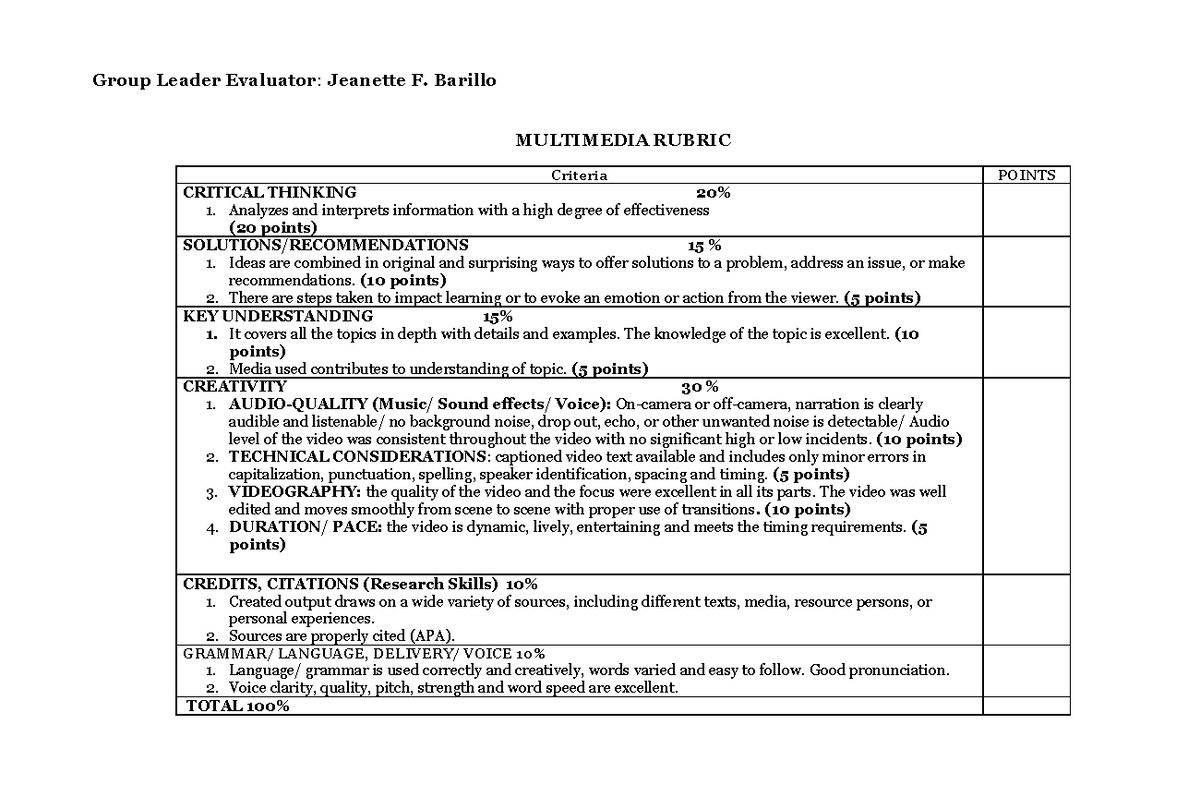 Grading Sheet FOR Multimedia Project ( Group 2) - Group Leader ...