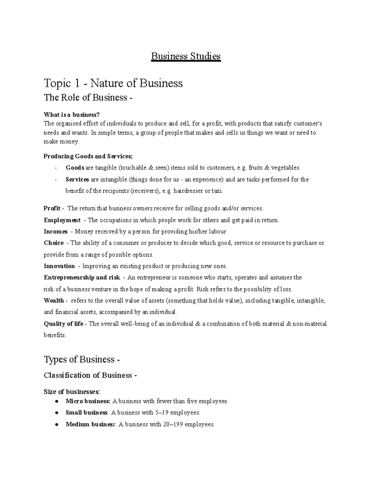 Business Studies Yr 11: Nature and Role of Business Concepts - Studocu