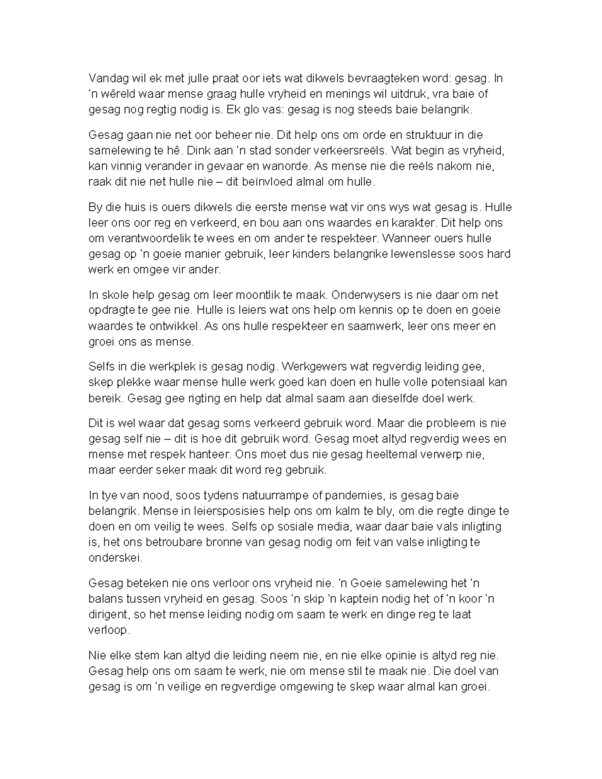 Gesag en Vryheid: 'n Toespraak oor die Belangrikheid van Gesag - Graad ...