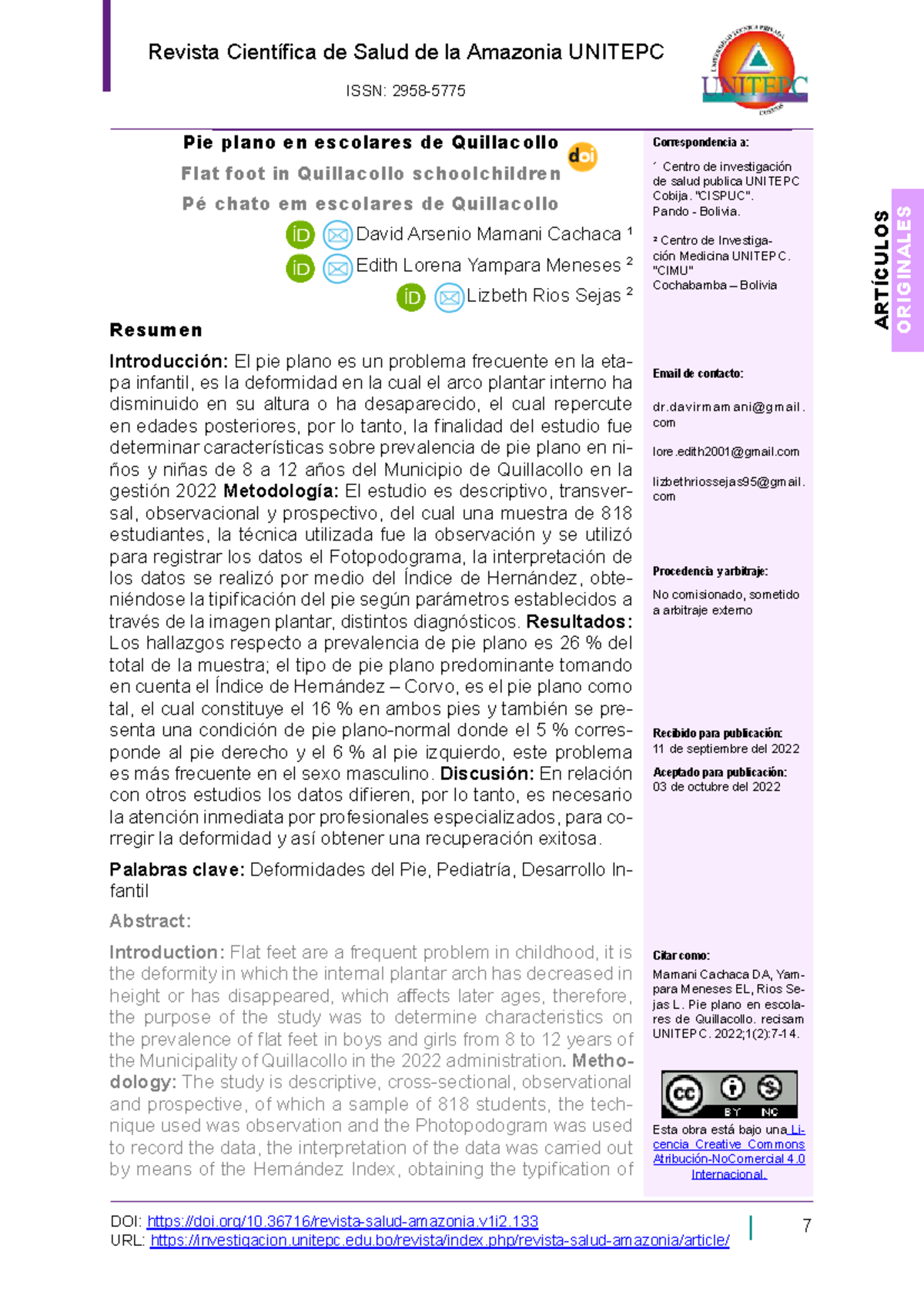 Estudio sobre la prevalencia de pie plano en escolares de Quillacollo ...