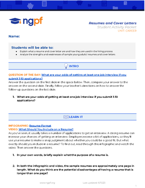 Starting a New Job Student Activity Packet (Career Unit) - Studocu