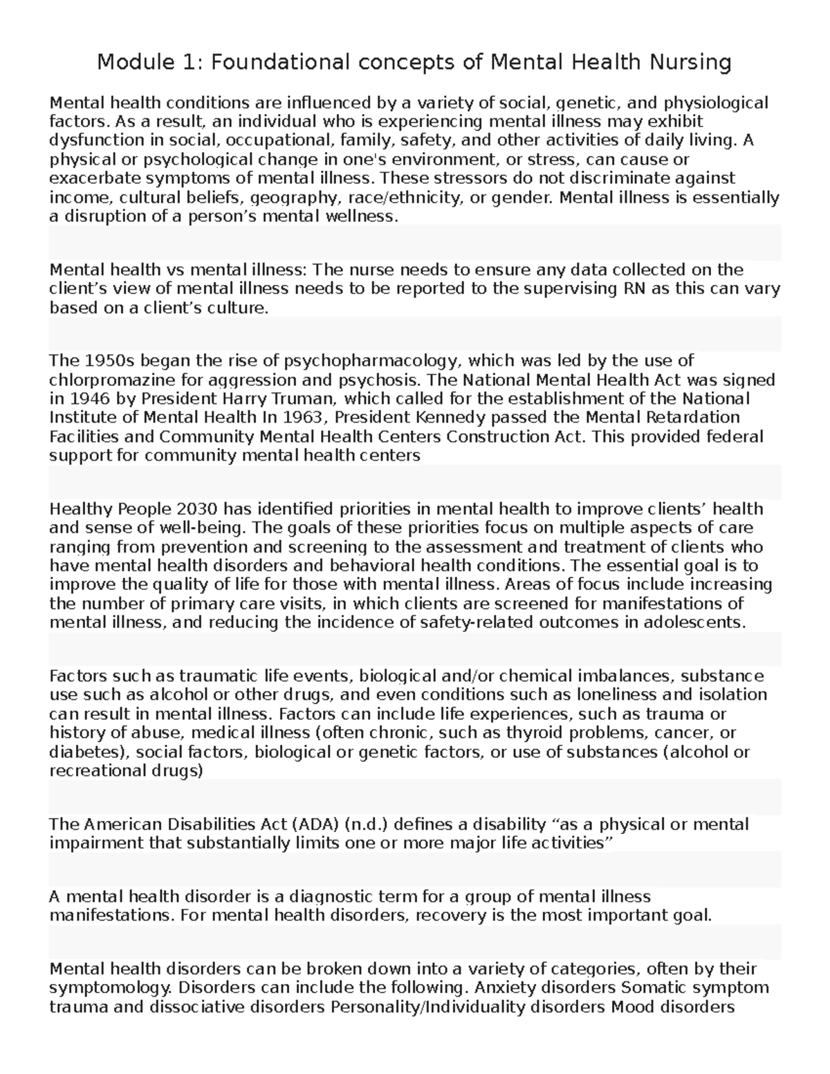 ATI- MH Module 1 - Module 1: Foundational concepts of Mental Health ...