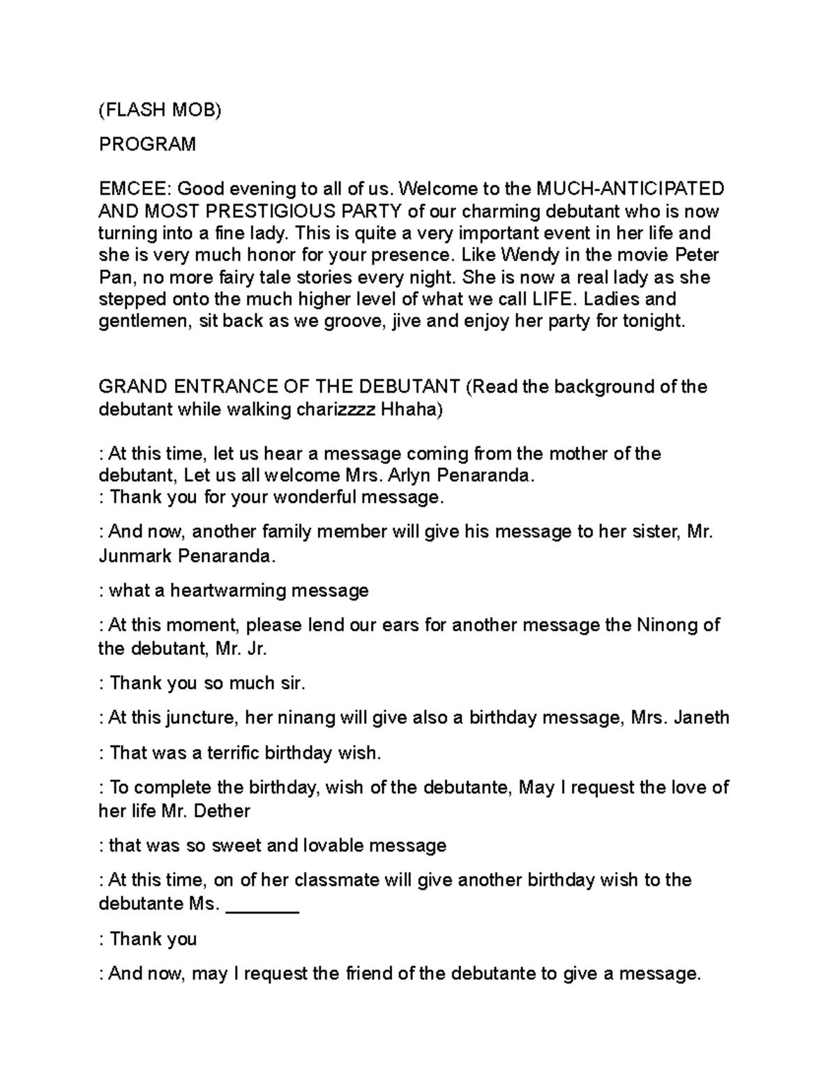 Debut Script for the Prestigious 18th Birthday Celebration - Studocu