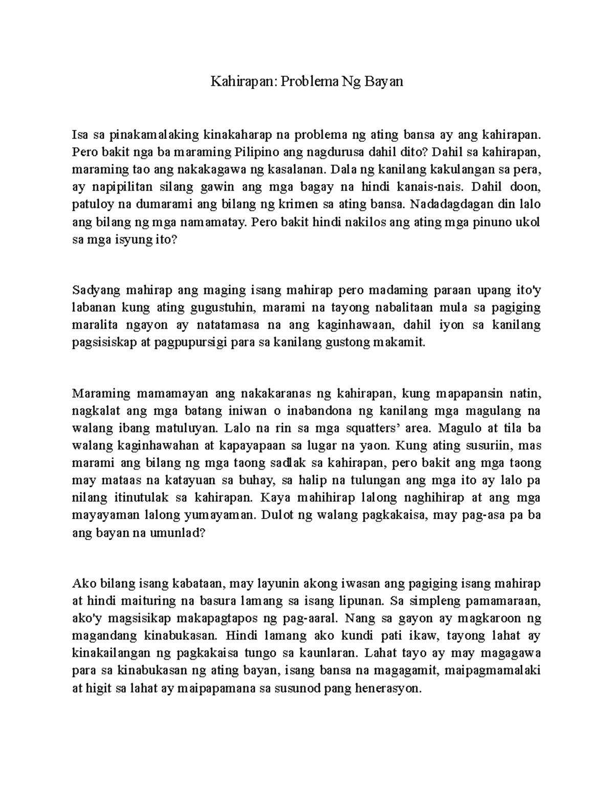 Talumpati sa Kahirapan: Problema at Solusyon sa Bayan - Studocu