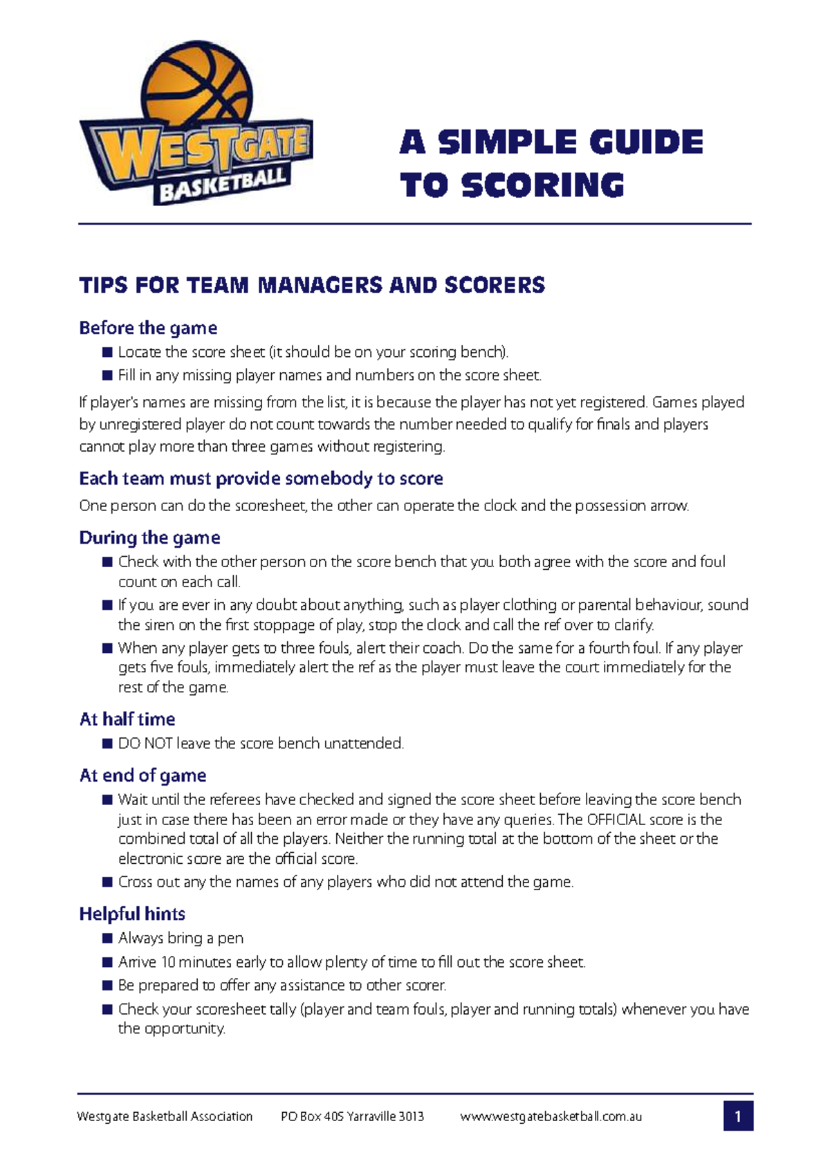 Westgate Basketball: Scoring Tips for Team Managers & Scorers - Studocu