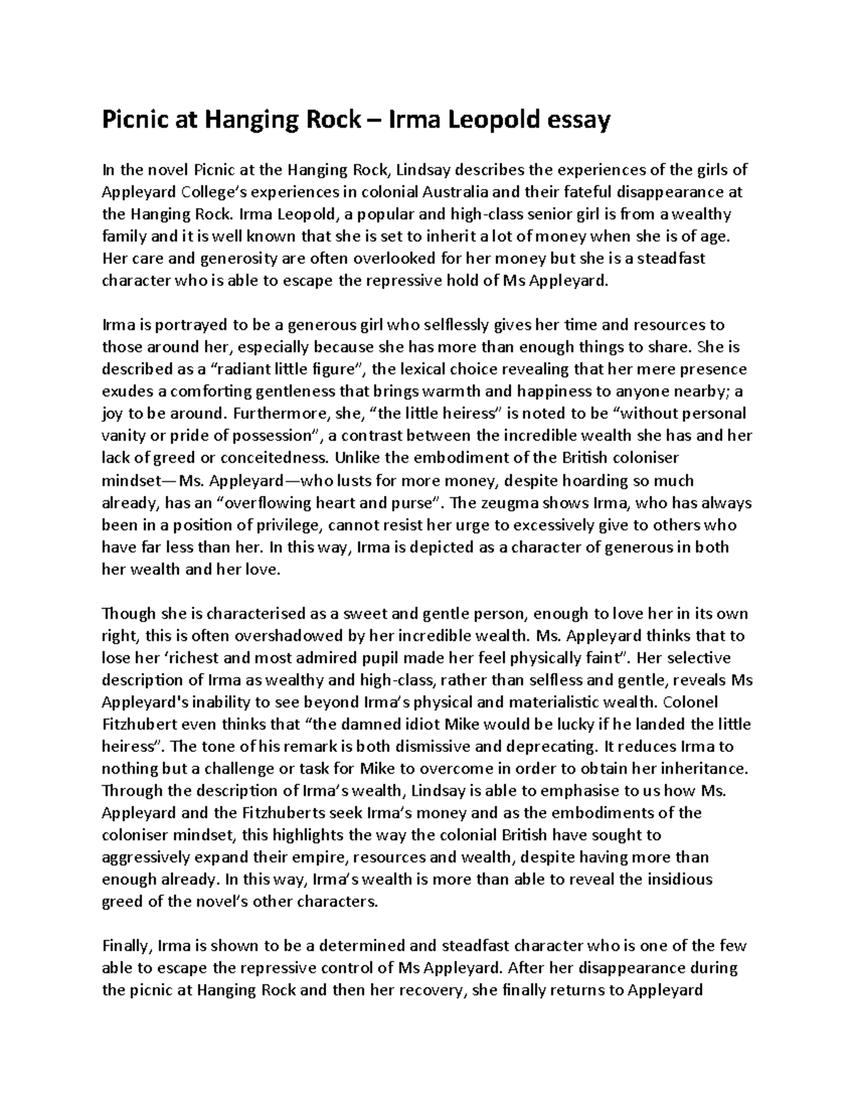 IGCSE English Essay: Exploring Irma Leopold in Picnic at Hanging Rock ...