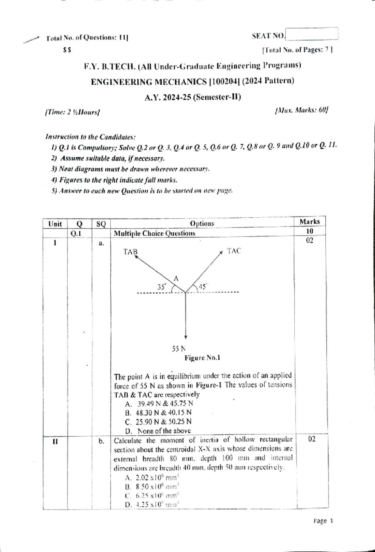Engineering Mechanics (F.Y. B.TECH) Question Paper - 2024 Pattern - Studocu