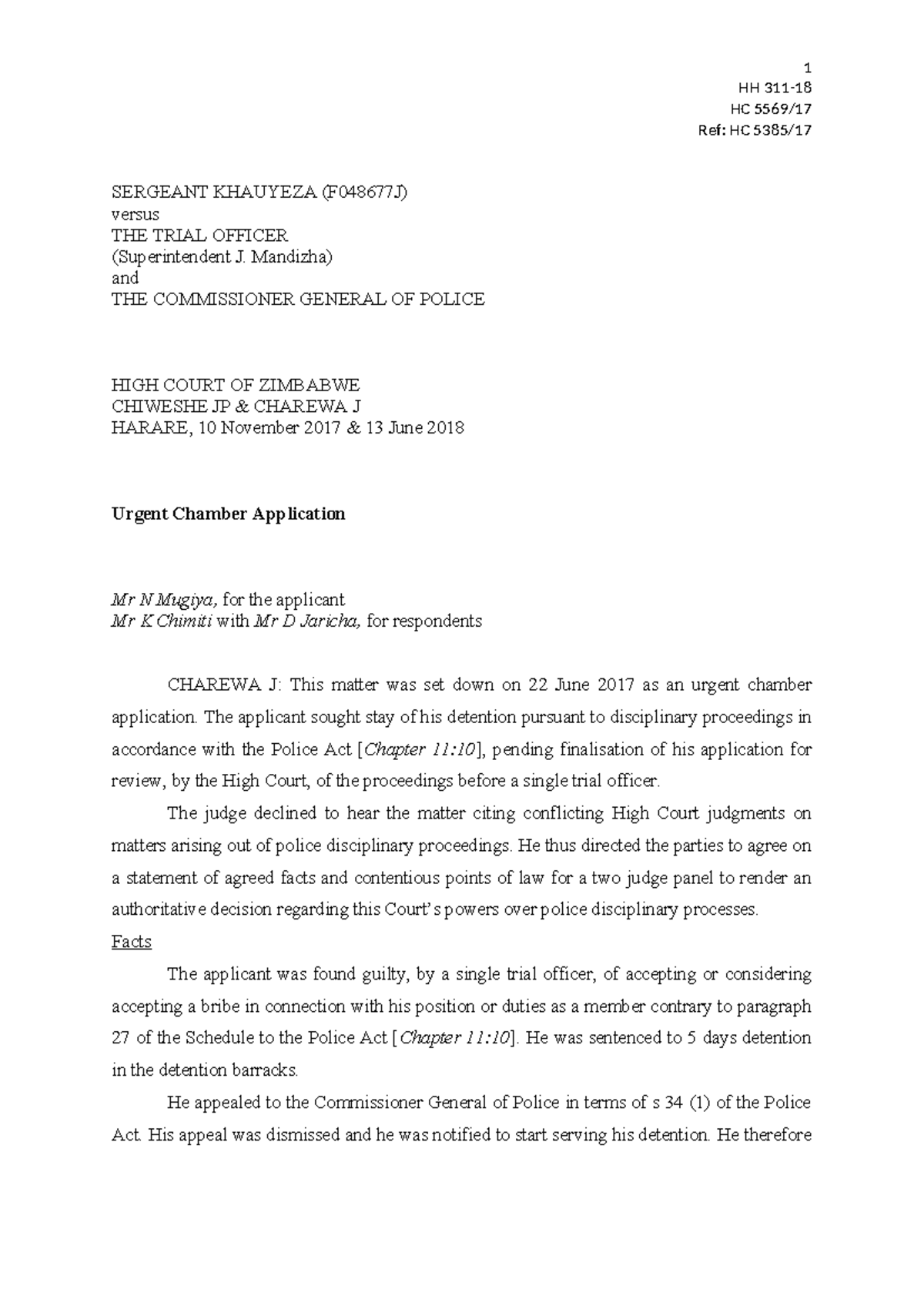 HH 311-18: Urgent Chamber Application Review in Police Disciplinary ...