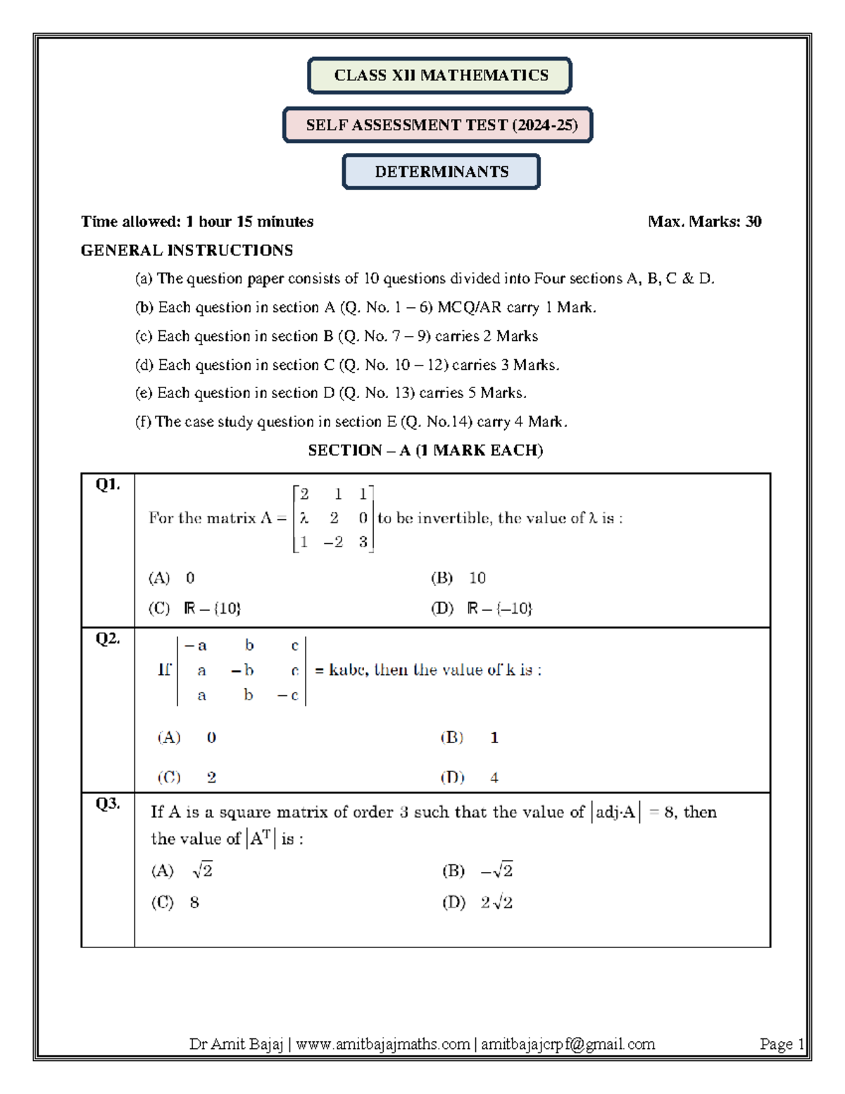 Class XII MATHEMATICS Det. Self-Assessment Test 2024-25 with Answers ...