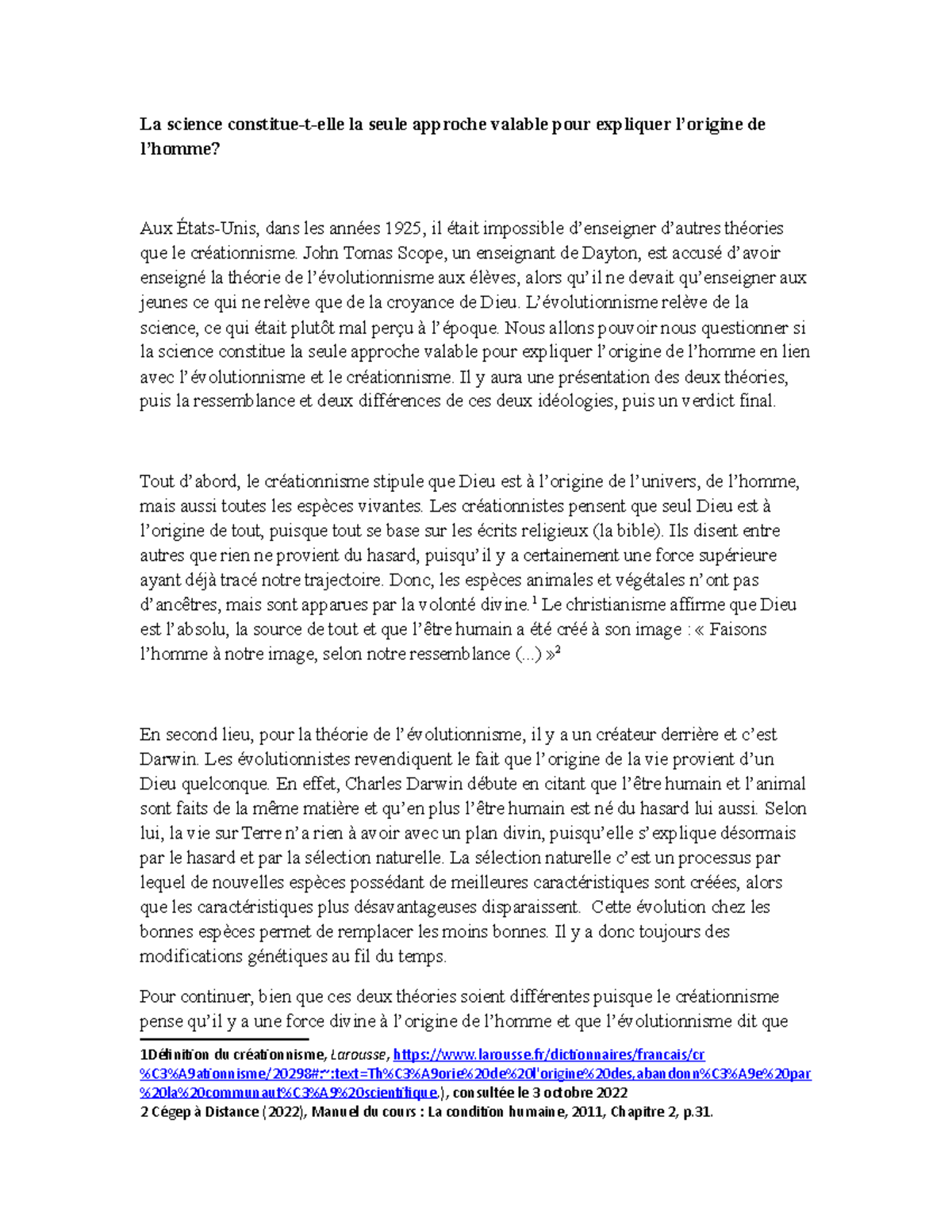 Réflexion sur l'approche scientifique et le créationnisme en 2023 - Studocu