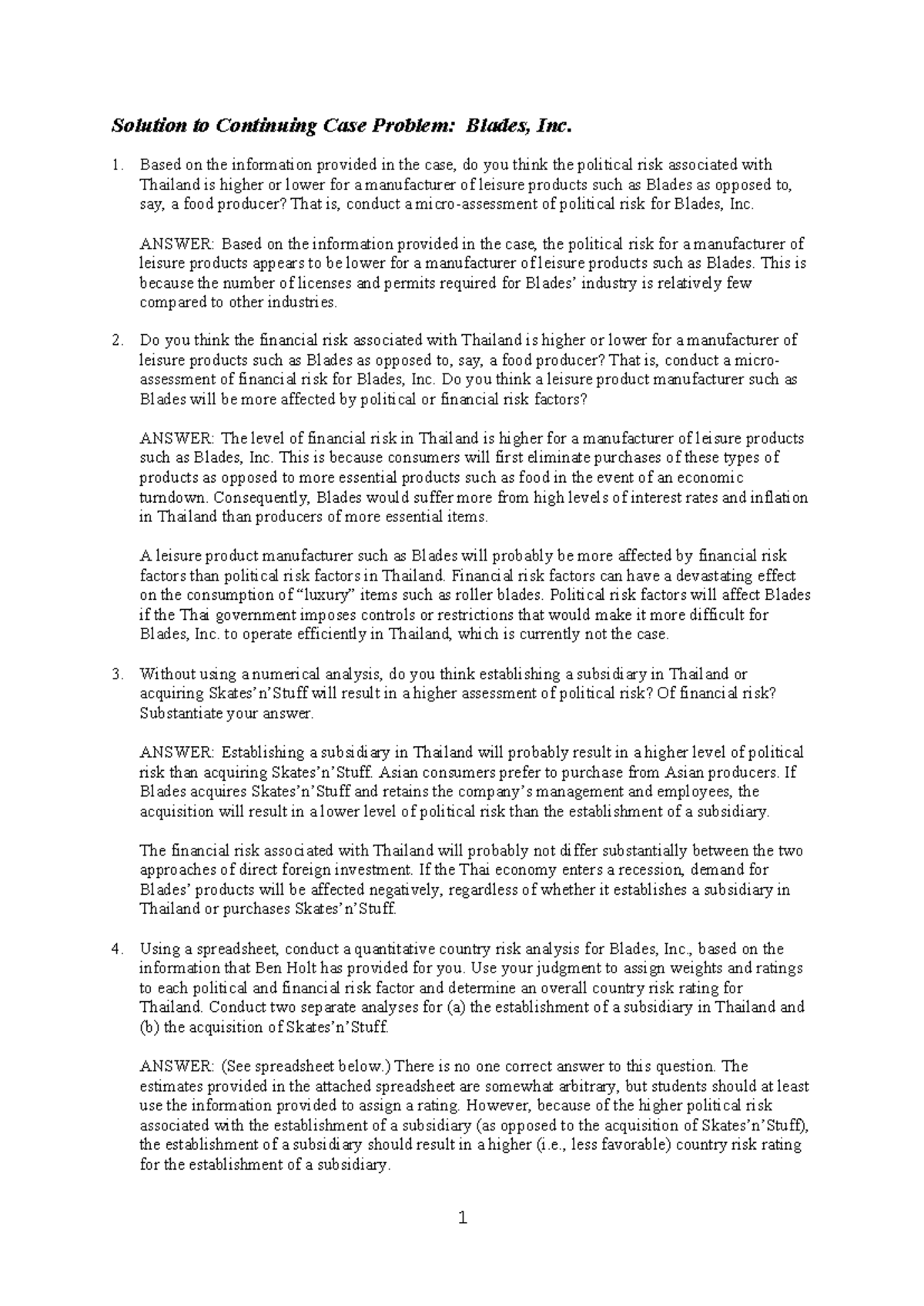 BAFI3200 Case Study Analysis: Political & Financial Risks for Blades ...