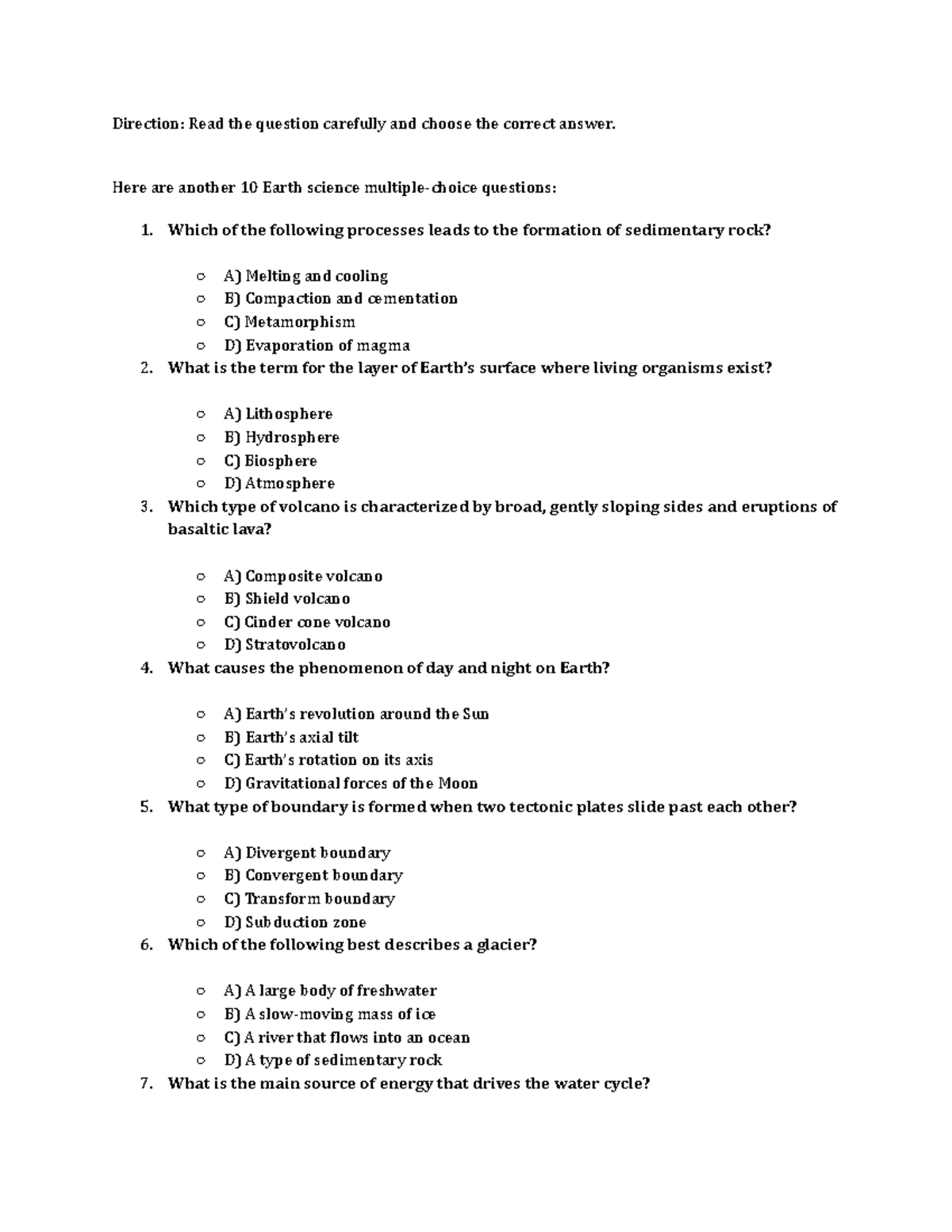 Y2 - Earth Science Quiz: Understanding Physical Processes and Features ...