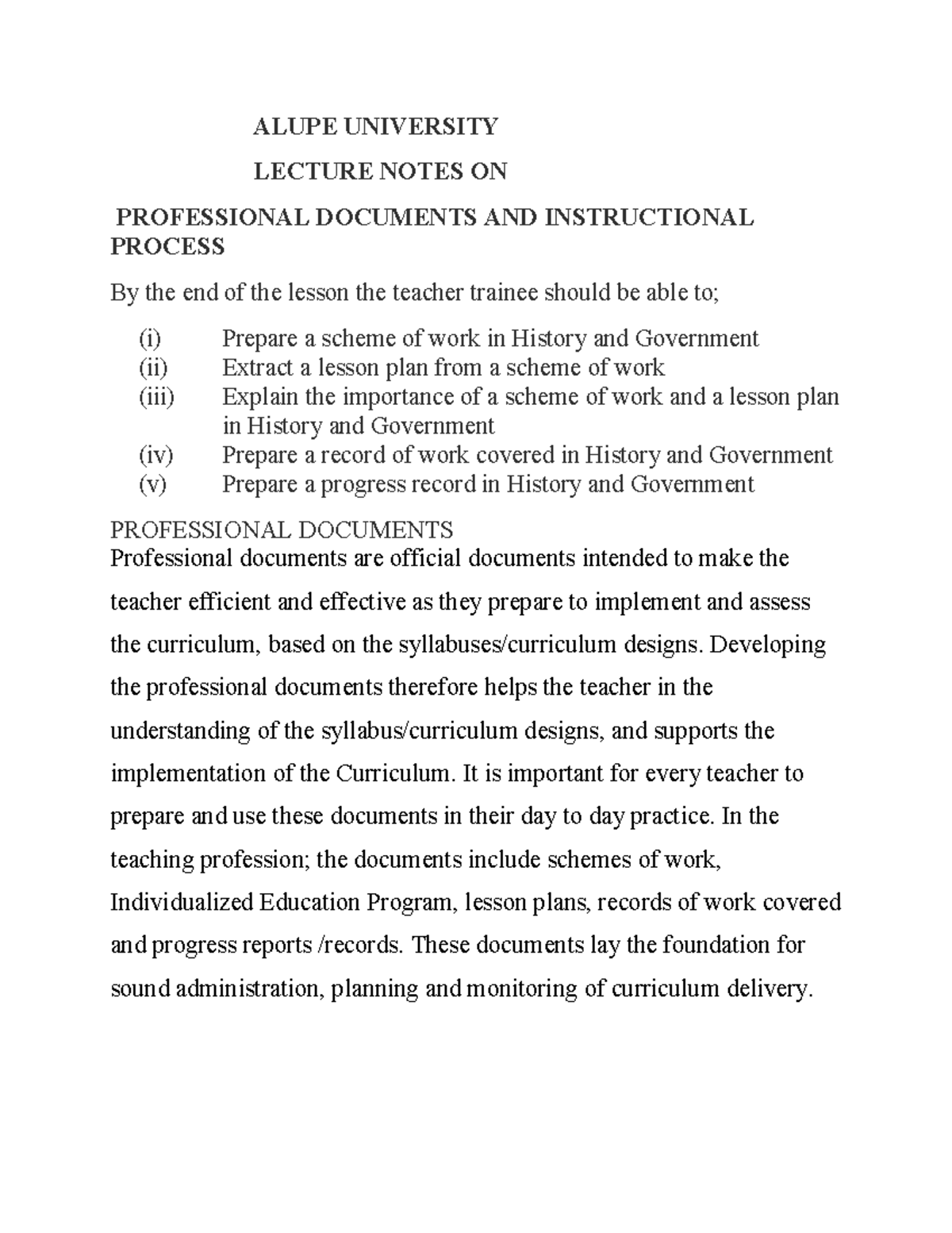 ALUPE UNIVERSITY LECTURE NOTES ON PROFESSIONAL DOCUMENTS IN EDUCATION ...