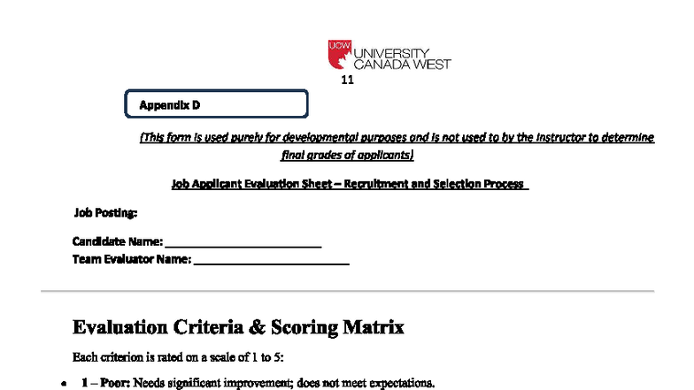 UCW 11 Job Applicant Evaluation Sheet: Interview Criteria Guide - Studocu