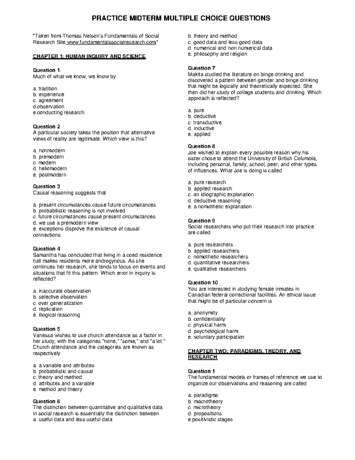 SOCI 211 Practice Midterm Multiple Choice Questions - Studocu