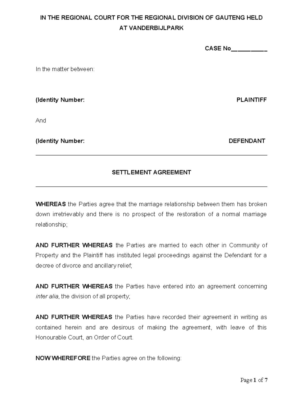 Draft Settlement Agreement - Regional Court Divorce Case - Studocu