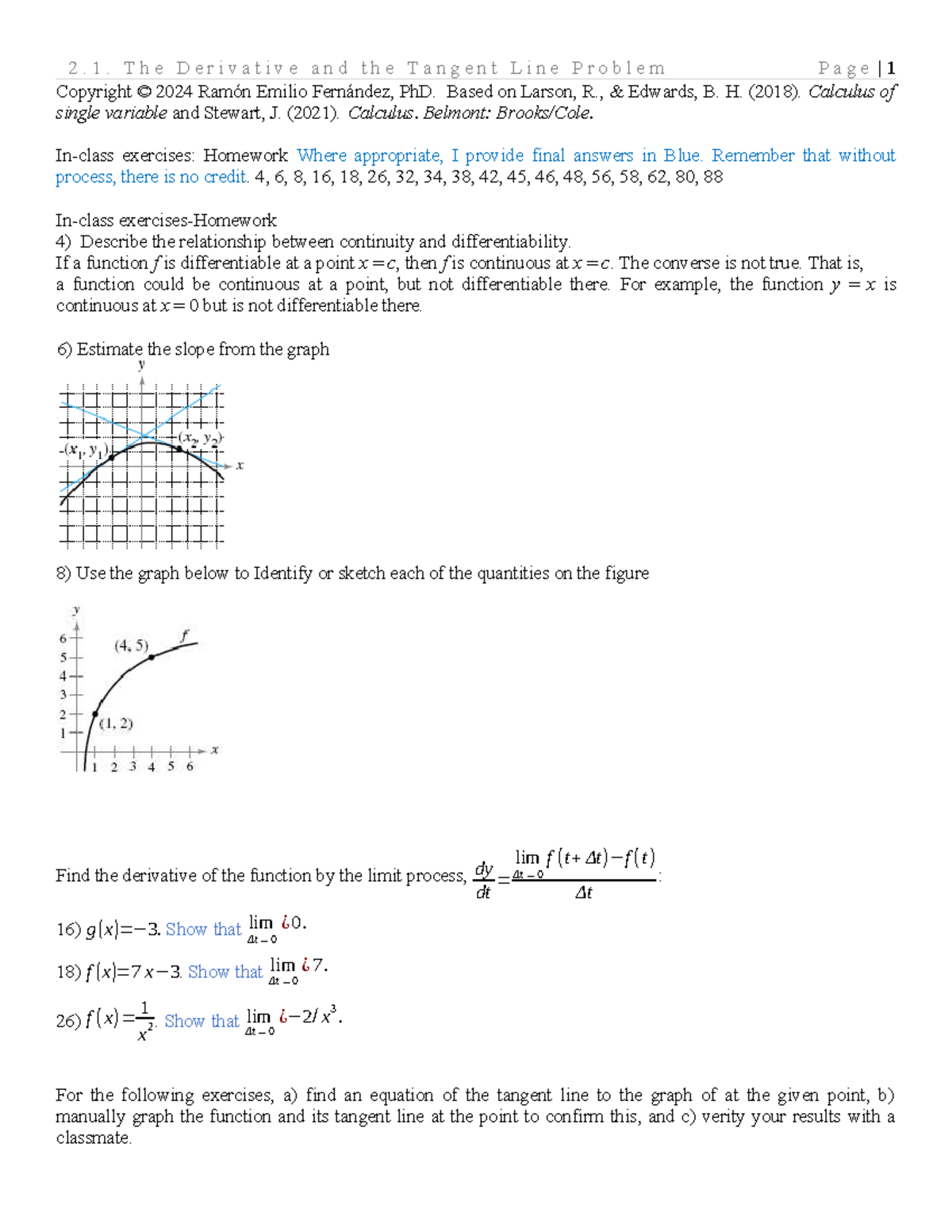 Calculus 101: 2.1 Derivative & Tangent Line Problem Solutions - Studocu