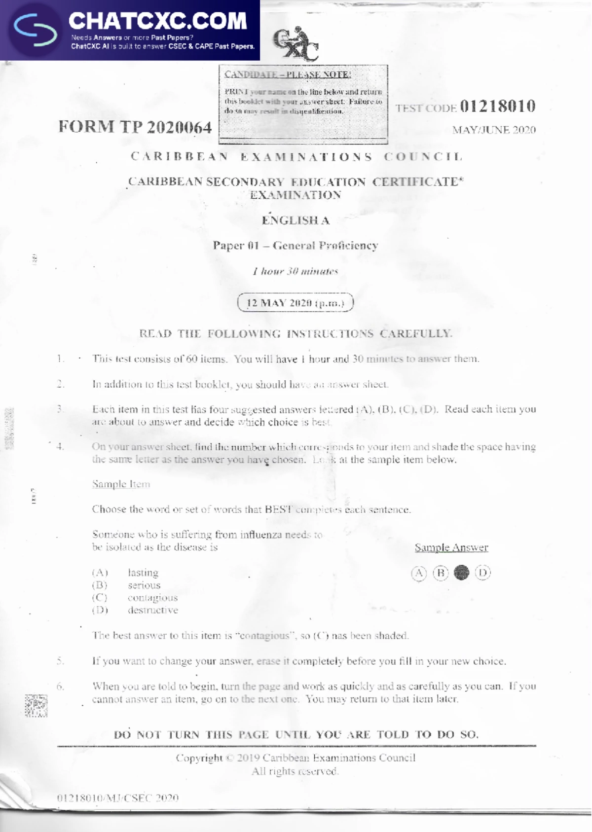 English A May 2019 P1 - Paper 1 - CSEC past paper - Studocu