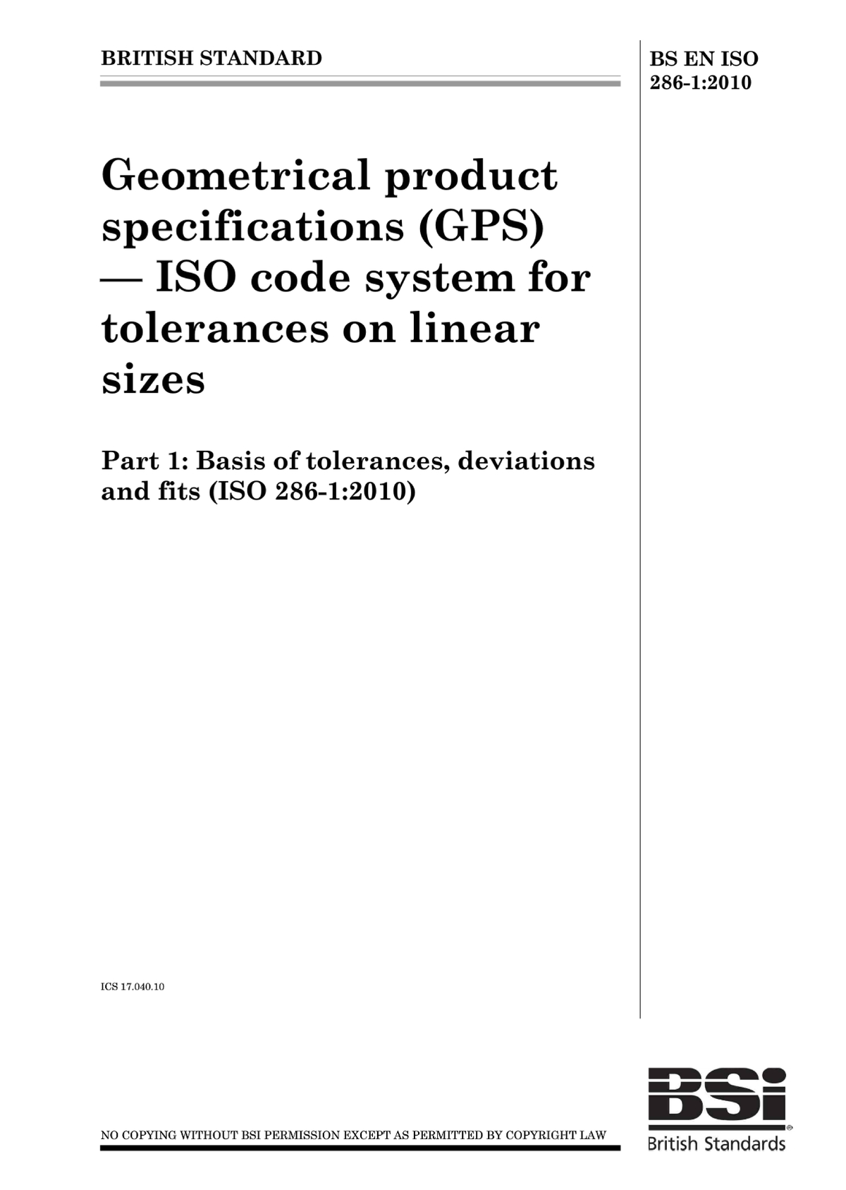 BS EN ISO 286-1: Geometrical Product Specifications for Tolerances ...