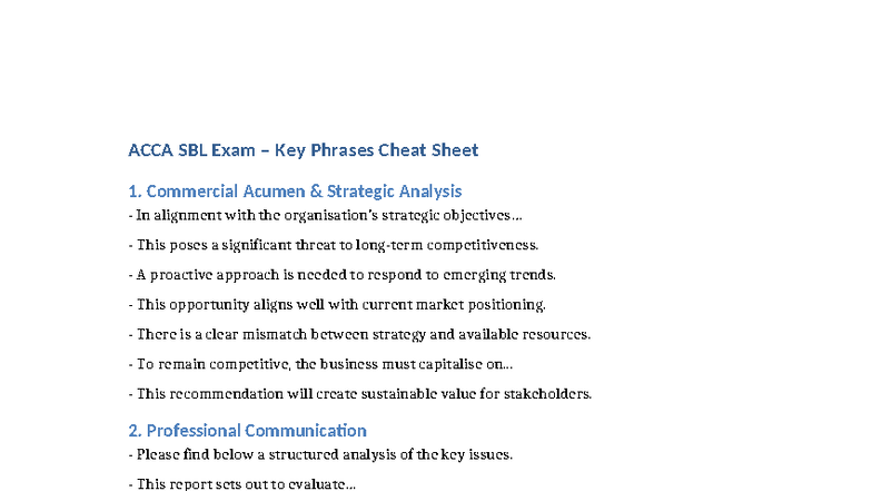 ACCA SBL Exam Key Phrases Cheat Sheet: Strategic Insights & Ethics ...