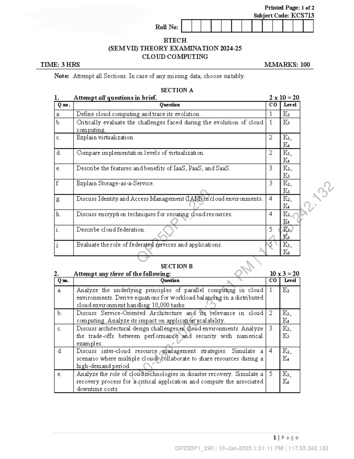KCS713 BTECH VII Sem Cloud Computing Theory Exam QP 2024 - Studocu