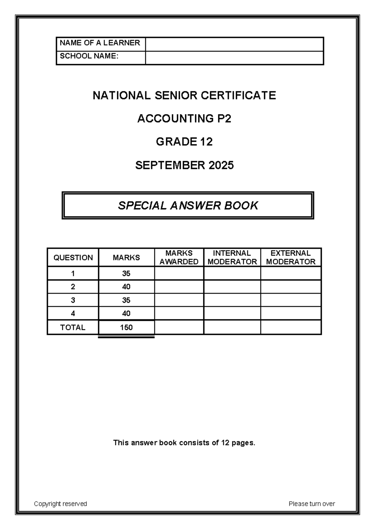 NW NSC Accounting P2 Answer Book ENG September 2025 - Studocu