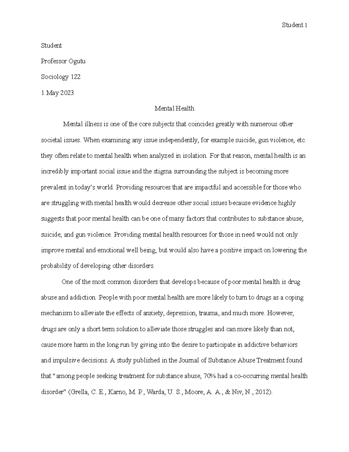 Term Paper Mental Illness - Student Professor Ogutu Sociology 122 1 May ...