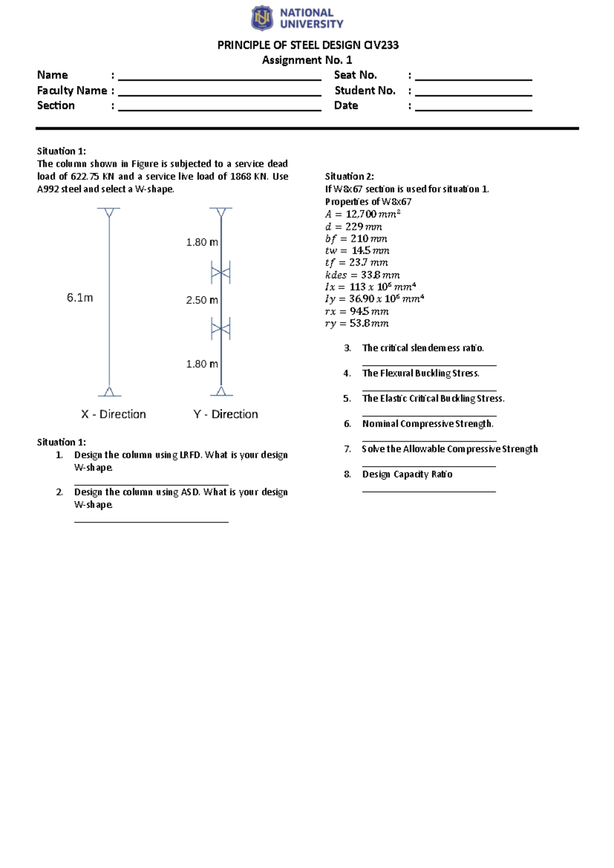 CIV233 Steel Design Assignment No. 1 Analysis and Solutions - Studocu