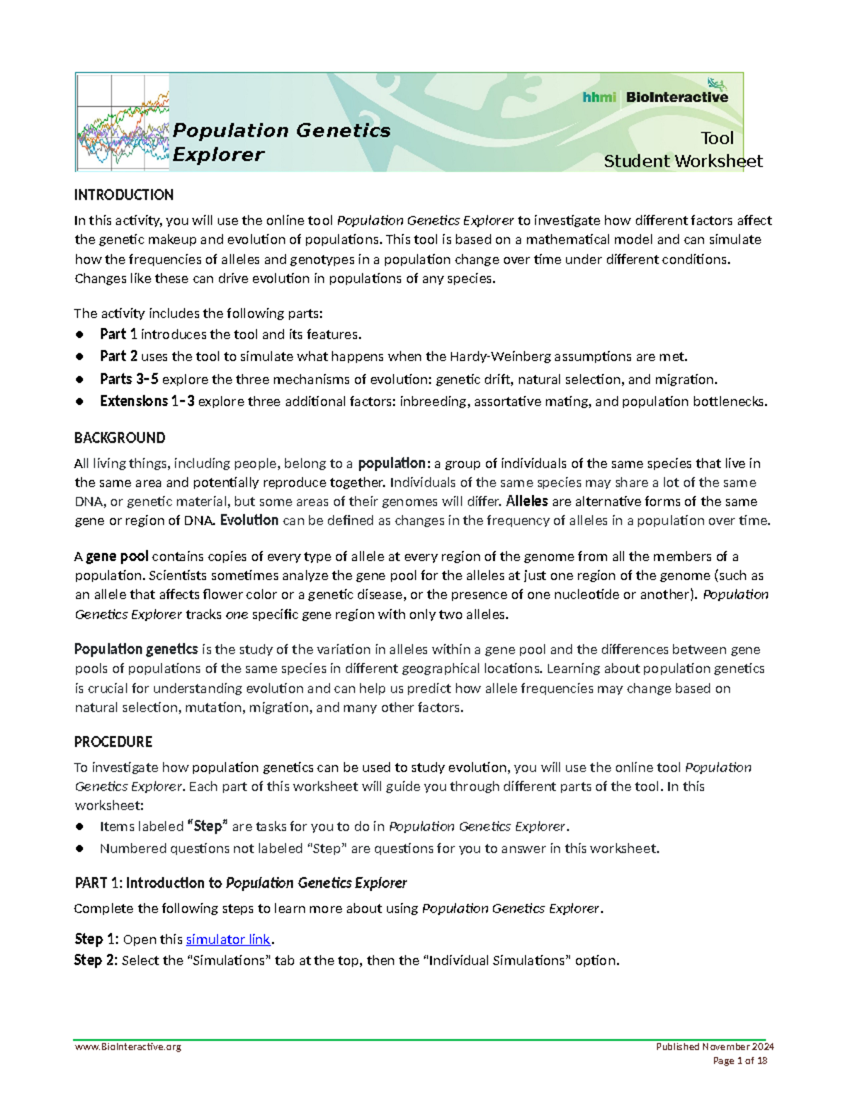 Population Genetics Explorer Student Worksheet Activities and ...