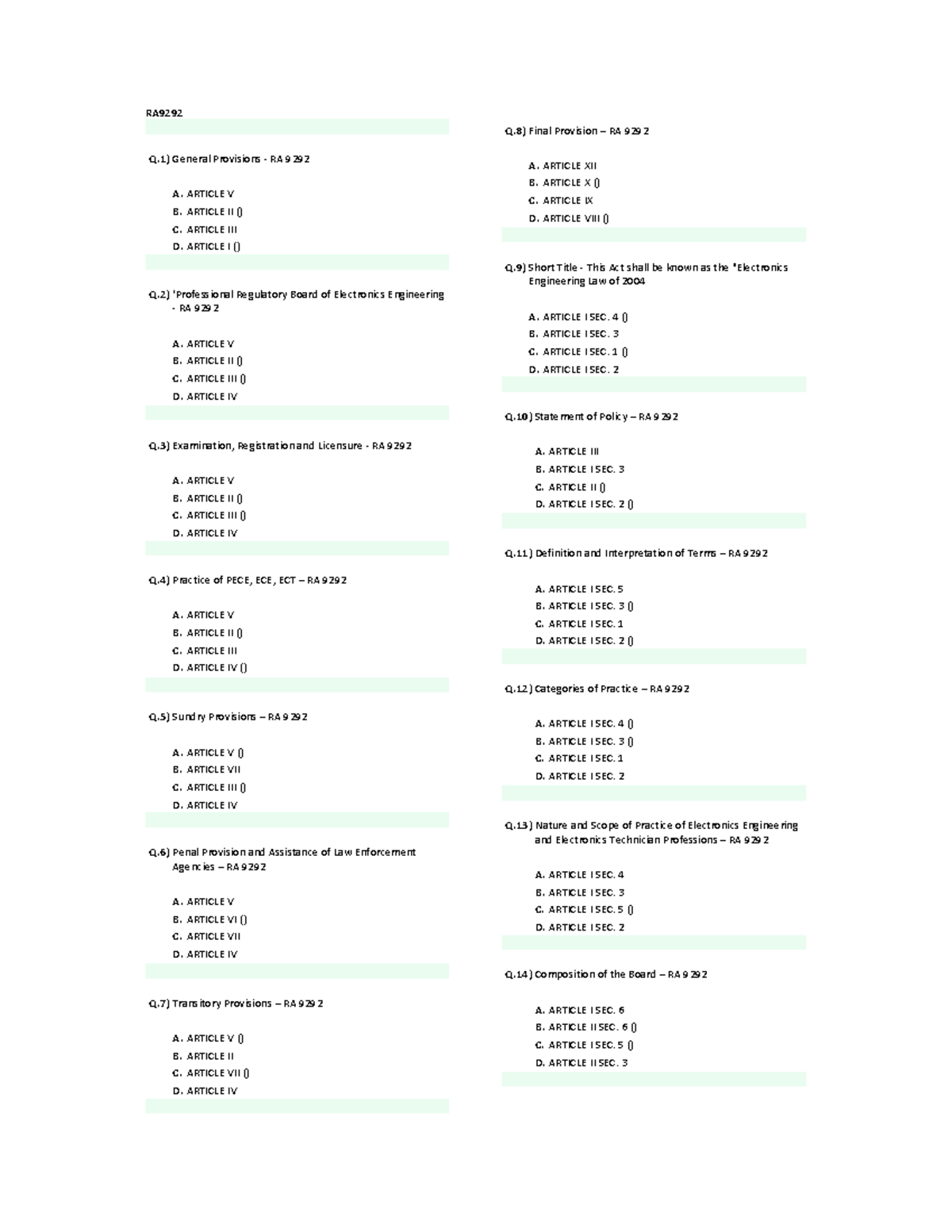RA9292 - Comprehensive Overview of Republic Act 9292 Articles - Studocu