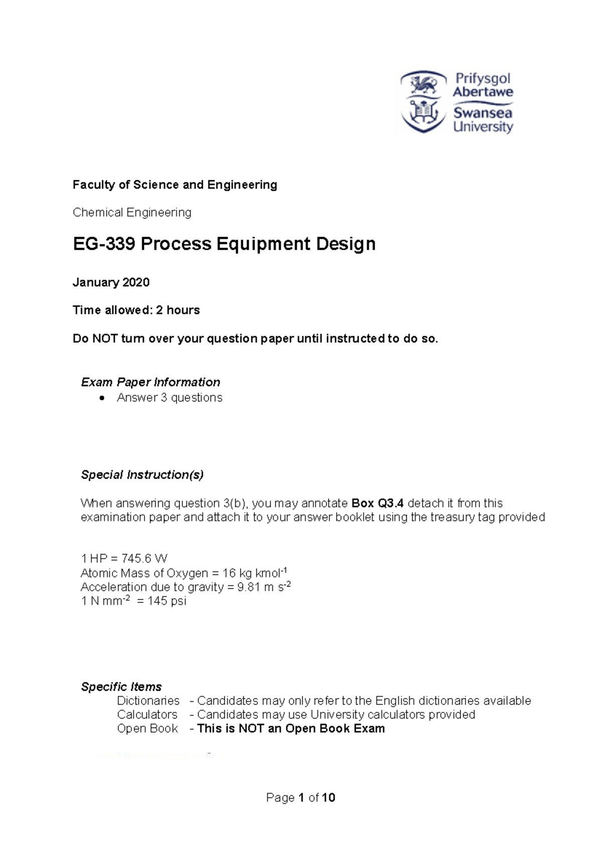 EG-339 Chemical Engineering Process Equipment Design Final Exam January ...