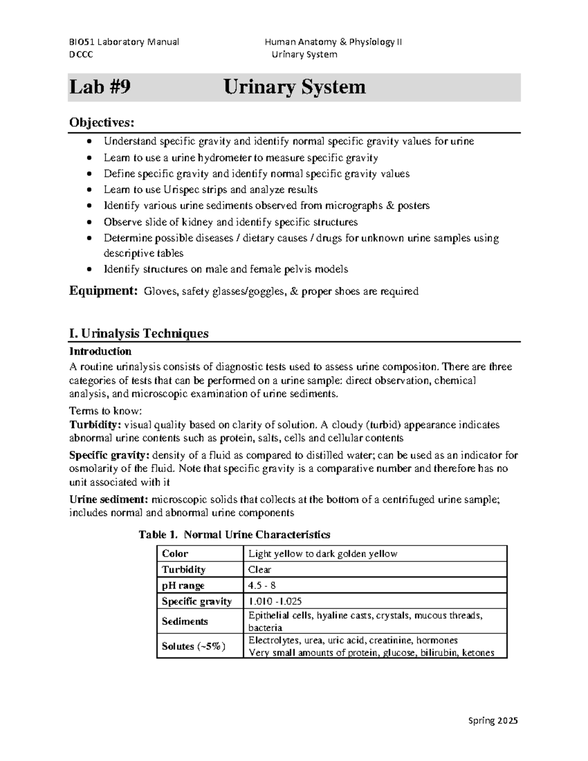 BIO151 Lab #9 Exercise - manual - DCCC Urinary System Lab # 9 Urinary ...