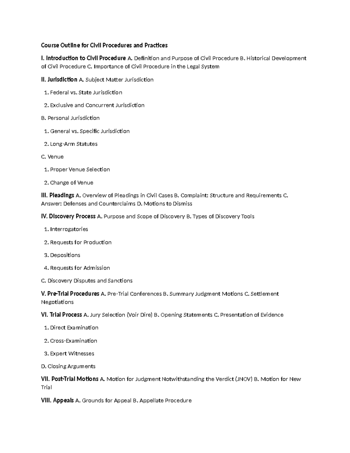 CIV 101: Course Outline for Civil Procedures & Practices - Studocu