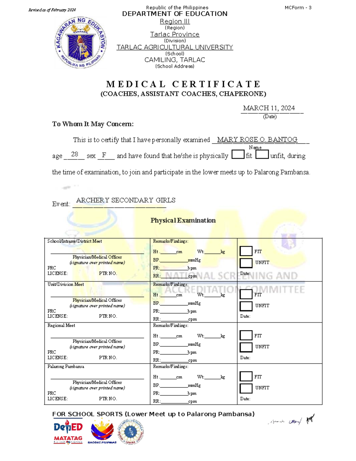 Medical Certificate for Coaches & Chaperones - March 2024 - Studocu