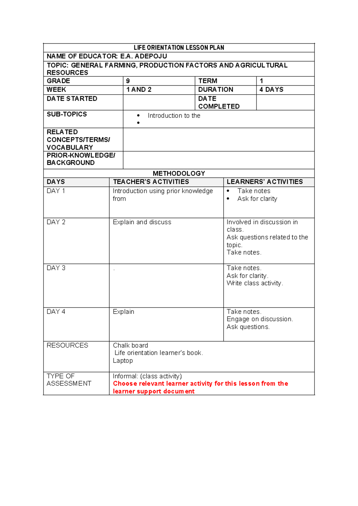 LIFE Orientation Lesson Plan - Grade 8 - 2024: Agricultural Topics ...