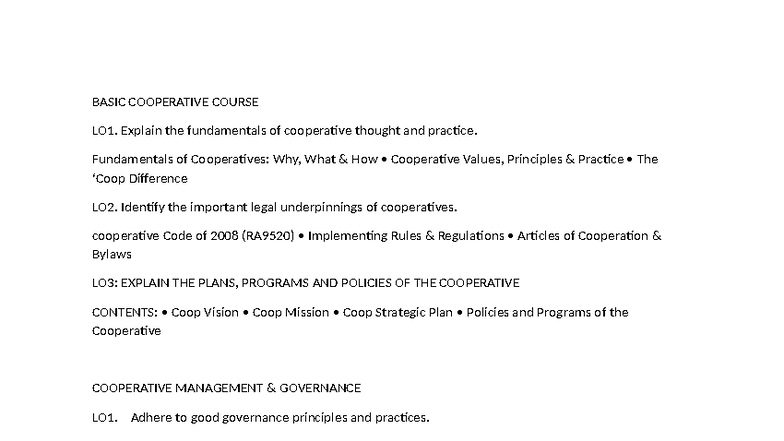 BASIC COOPERATIVE COURSE: Fundamentals, Governance & Management - Studocu