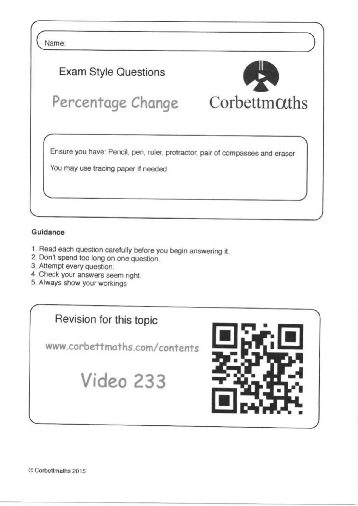 Exam Style Questions on Percentage Change - Corbettmaths (2015) - Studocu