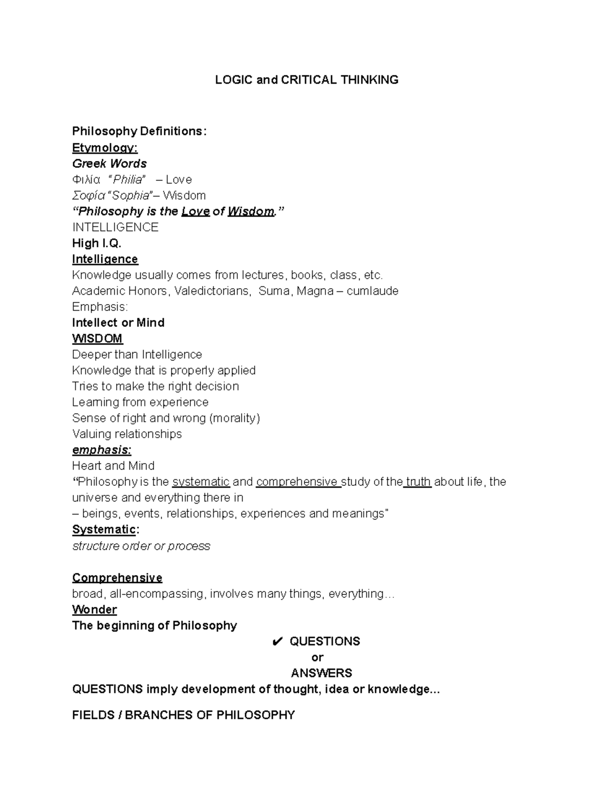 2ND SEM Logic and Critical Thinking: Comprehensive Definitions and ...